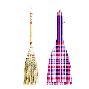 SKENNOVA - 34" of Small Natural Grass Broom for RV's, Cabin & Tents Design Vintage Style of Bamboo Stick Embroidered Woven Thread Nylon Hand Grip Dry Banana Leaf