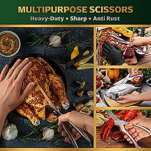 Heavy Duty Stainless Steel Poultry Shears For Bone, Chicken, Meat, Fish, Seafood, Vegetables. Premium Spring Loaded Food Scissors. All metal Kitchen Shears.