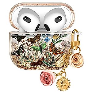 Kokaaee for Airpods 3rd Generation Case Women Cute Funda Cover Kawaii Aesthetic Girls Estuche Protector Keychain Girly Liquid Glitter Bling Sparkly Butterfly Design for Apple Air Pod Gen 3 Cases