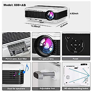Smart Projector with Bluetooth WiFi, 8000 Lumen Home Theater Projector with 200" Display Video Gaming, Outdoor Movie Android Projector Zoom Wireless Mirroring for Phone HDMI DVD TV Stick Laptop PC USB
