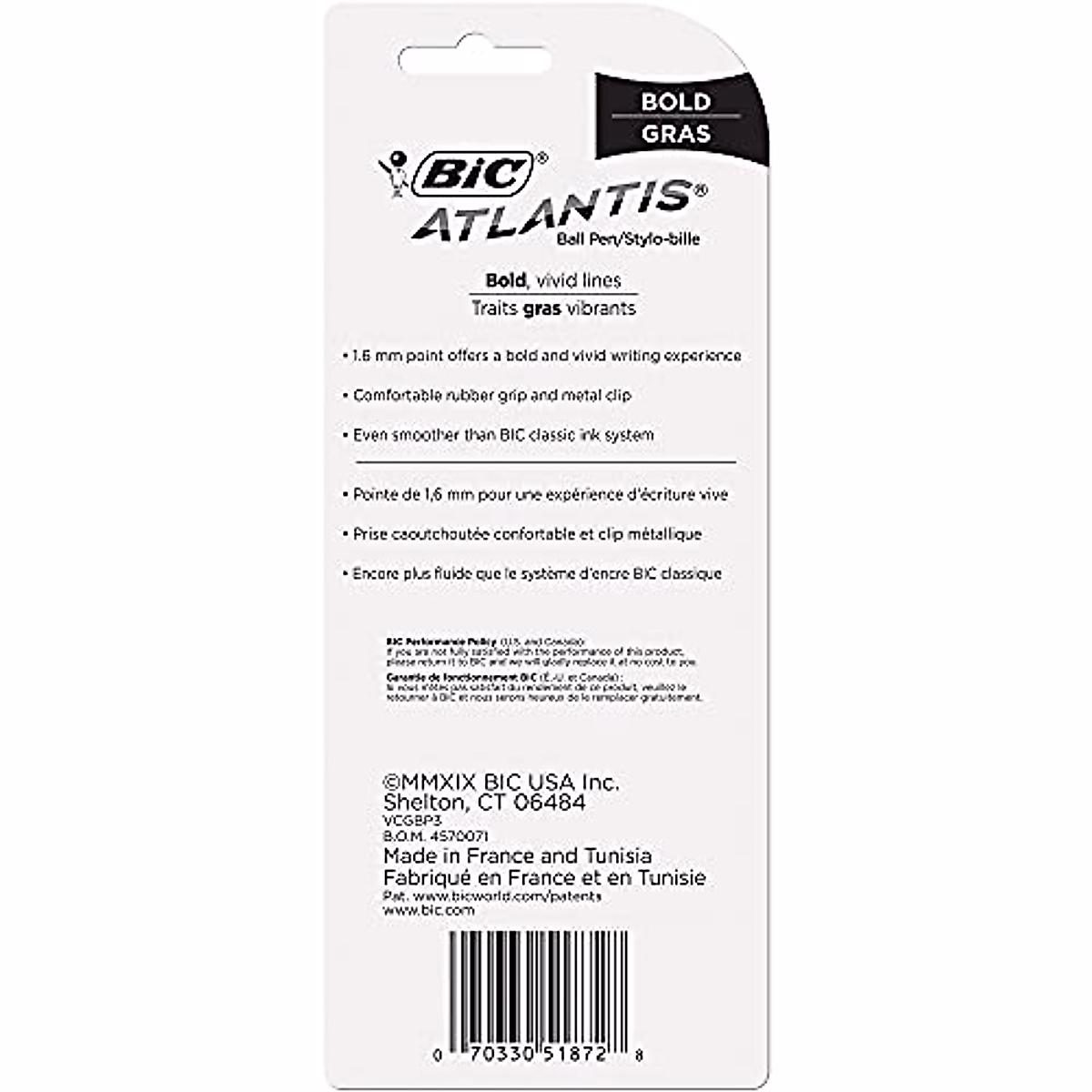 BIC Atlantis Bold Retractable Ball Pen, Bold Point (1.6mm), Blue, 3-Count