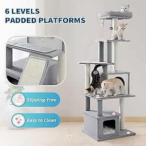 Made4Pets Modern Cat Tower for Indoor Big Cats, Wood Cat Tree with Scratch Post and Top Perch Bed, Tall Kitty Condo Litter Box for Large Cats 20 Lbs, Heavy Duty Narrow Kitten Tree