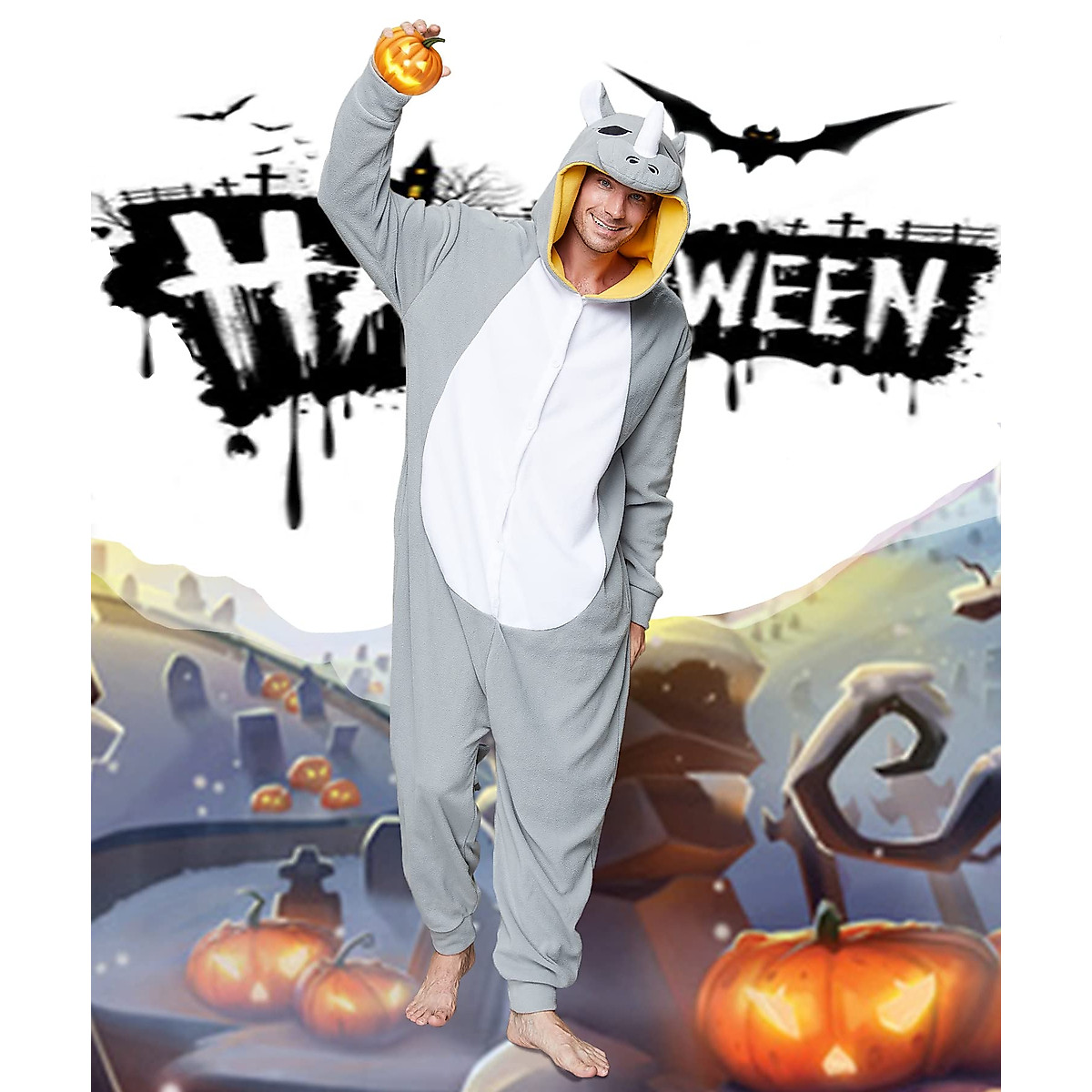 Dodheah Rhinoceros Cosplay Adult Onesie Halloween Costumes Pajamas Animal Jumpsuit Sleepwear Loungewear Grey S