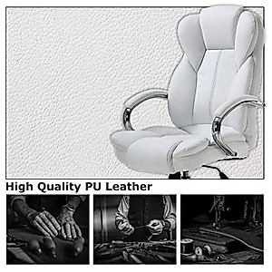Ergonomic Office Chair Cheap Desk Chair PU Leather Computer Chair Executive Adjustable High Back PU Leather Task Rolling Swivel Chair with Lumbar Support for Women Men, White