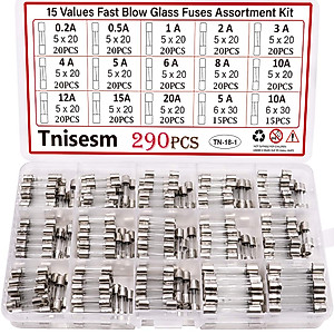 Tnisesm 290 Pcs Fast Blow Glass Fuses Assortment Kit 0.2A, 0.5A, 1A, 2A, 3A, 4A, 5A, 6A, 8A, 10A, 12A, 15A, 20A 5 x 20mm, 5A, 10A, 6 x 30mm 15 Values 250V with Plastic Box Tn-18-1