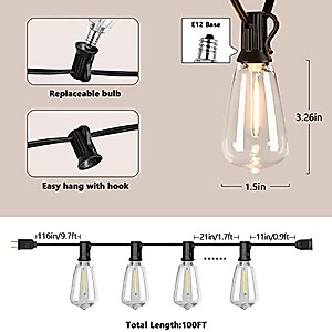 Sucolite 100FT Outdoor String Lights for Patio Waterproof Connectable ST38 LED Light String with 50+2 Vintage Edison Bulbs Dimmable Shatterproof Outside Hanging Lights Backyard Balcony Gazebo Bistro