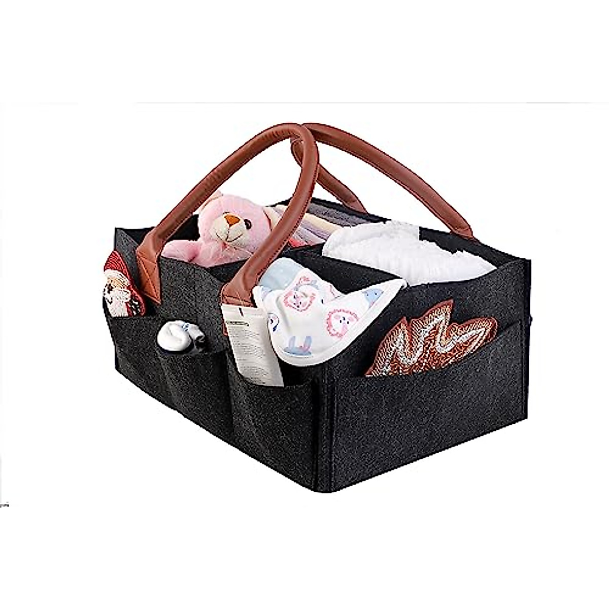 Mysa Felt Baby Diaper Caddy Car Organizer with Vegan Leather Handle for Diapers and Baby Wipes For Changing Table Nursery Storage Bin Basket, Baby Shower Gift Suitable For Indoor Outdoor (BLACK)