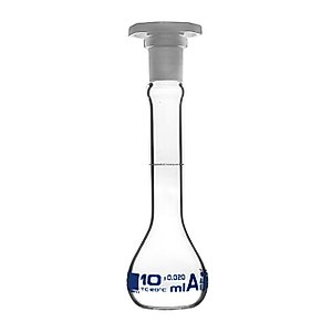 EISCO Volumetric Flask, 10ml - Class A, ASTM - Tolerance ±0.02ml - Polypropylene Stopper - Single, White Graduation - Borosilicate Glass