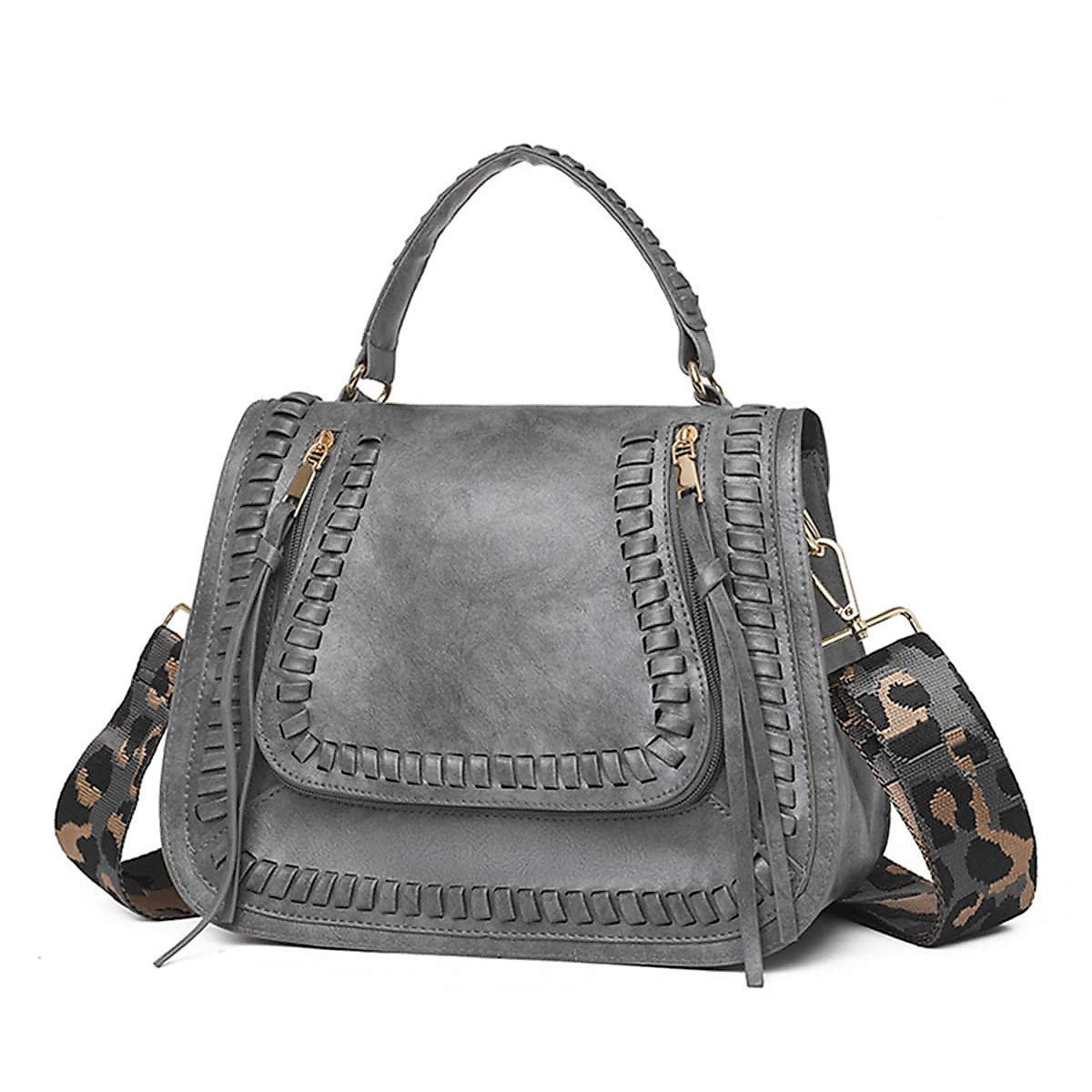 HANDAFA Convertible Satchel Handbag Woven Leopard Shoulder Hnadbag Crossbody With Gituar Strap For Women(Grey)