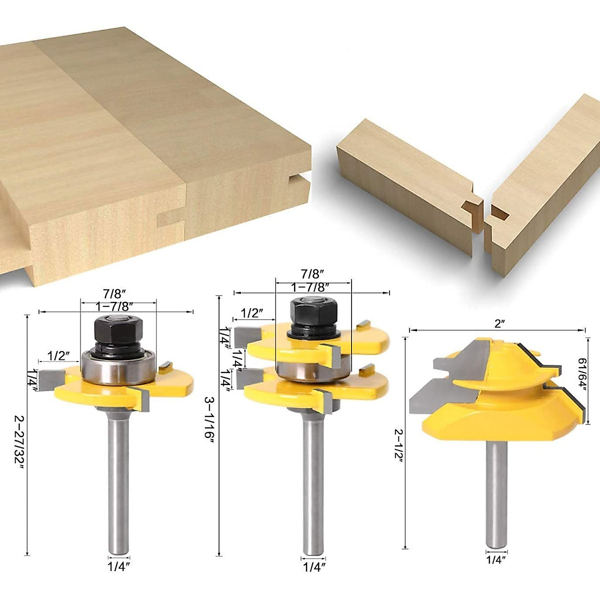 Lock Miter 45 Degree Joint Router Bits + 2Pcs Tongue and Groove Set [1/4-Inch Shank], APLUS 45° Lock Mitre Glue Joint Router Bit + Router Bit Set 3 Teeth T Shape, Wood Milling Cutter Woodworking Tool