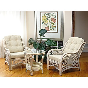 Malibu Lounge Set of 4: 2 Natural Rattan Wicker Chairs, Loveseat with Cream Cushions and Coffee Table w/Glass Handmade, White Wash