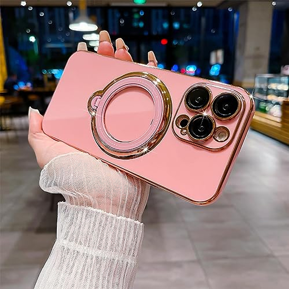 MGQILING Compatible with iPhone 14 Pro Max Magnetic Planting Case 6.7 Inch, Luxury 360 Rotating Magnetic Hidden Stand Case, Compatible with MagSafe for Women Girls,Pink