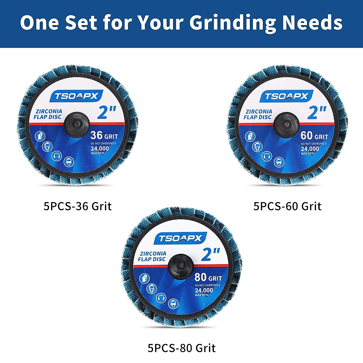 TSOAPX 15 PCS Flap Disc Set, 2" Zirconia Blue Flat Flap Discs Roll Lock Grinding Sanding Sandpaper Wheels Grit 36/60/80, Surface Prep Discs for Angle Grinder Strip Rust Paint Removal