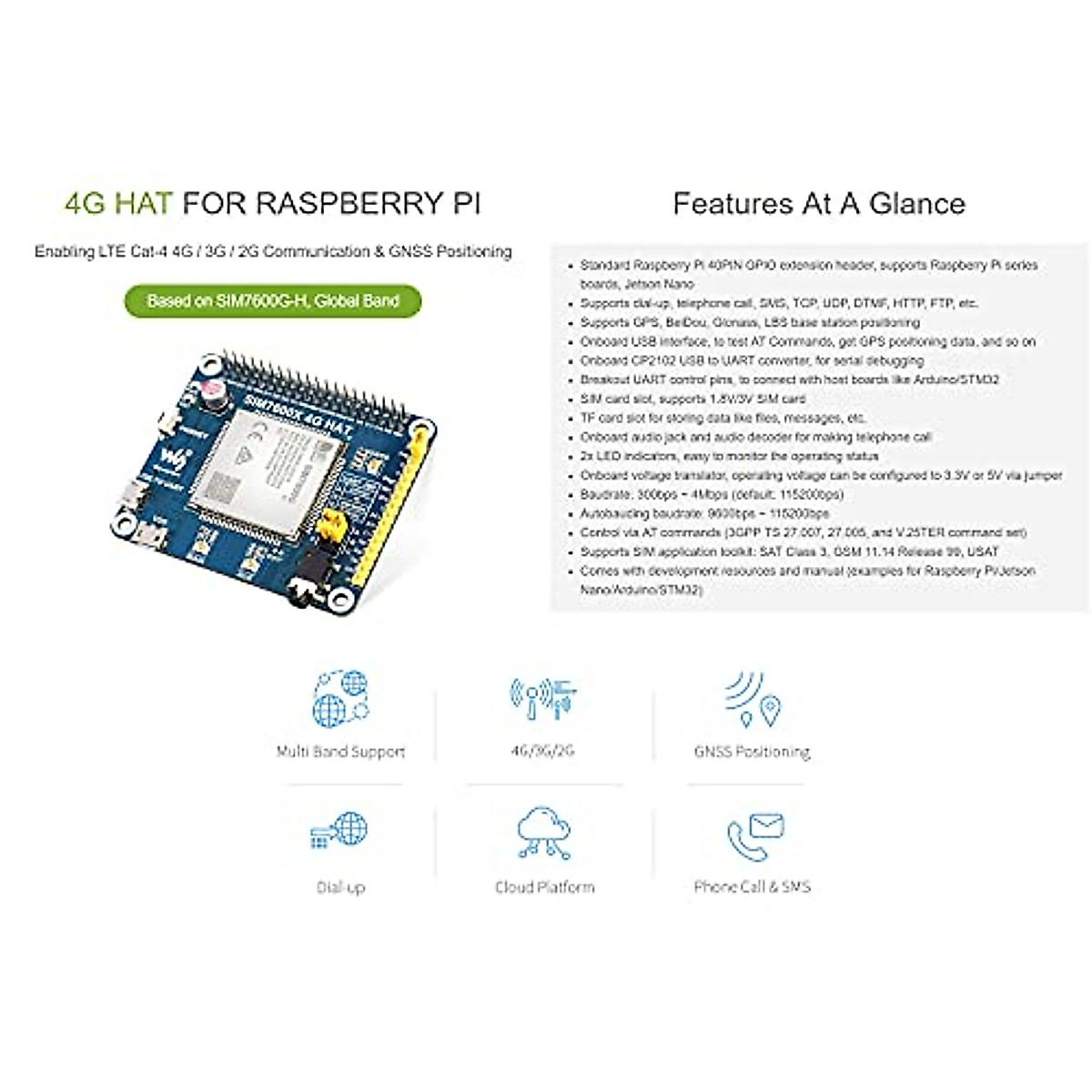 Waveshare 4G/3G/2G/GSM/GPRS/GNSS HAT for Raspberry Pi Based on SIM7600G-H Supports LTE CAT4 up to 150Mbps for Downlink Data Transfer