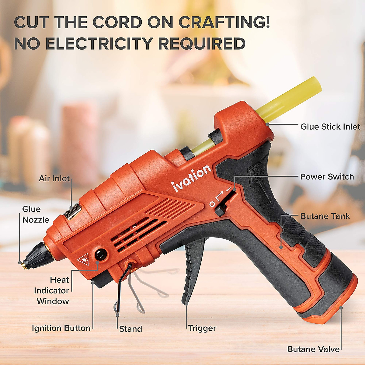 Ivation Cordless Butane Powered Glue Gun, Fast Heat-Up Gas Powered Hot GlueGun with Self-Regulating Temperature for DIY Projects, Arts & Crafts, Woodworking, Home Repairs Gift Decorations & More