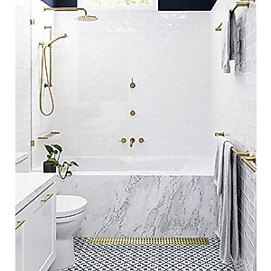 Nicmondo Linear Shower Drain 24 Inch, Bathroom Rectangular Floor Drain with Removable Cover Grid Grate, Adjustable Leveling Feet, Hair Strainer, SUS304 Stainless Steel Trench Drains, Brushed Gold