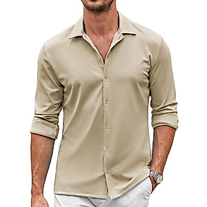 COOFANDY Mens Casual Button Up Shirts Slim Fit Long Sleeve Wrinkle Free Shirts Khaki