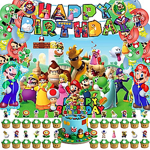 Mario Party Decorations Birthday Party Supplies Super Mario Bros Birthday Favors Include Birthday Banners, Backdrop, Balloons, Cake Decoration, Cupcake Toppers, Hanging Swirls