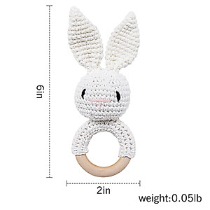 Wooden Baby Rattle Crochet White Bunny Baby Toys Handmade Newborn Toy Early Development Grips Stuffed Animal Organic Rattle (Bunny-2)