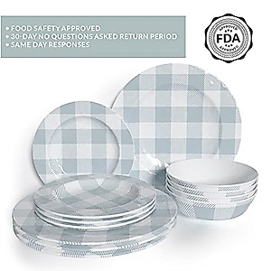 Barnyard Designs 12-piece Melamine Dinnerware Set, Durable Chip-Resistant Dishware for Indoor/Outdoor Use, Service for 4, Light Blue Buffalo Plaid, (Dinner Plate: 11”, Salad Plate: 8.5”, Bowl: 7”)
