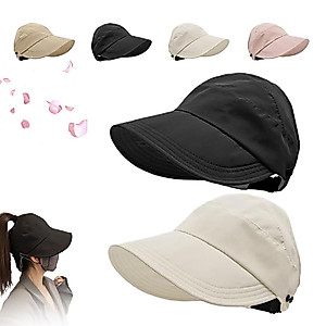 Outdoor UV Protection Hollow Top Sun Hat, 2024 New Sun Hats for Women UV Protection, Summer Wide Brim Sun Protection Hat, Ponytail Sun Cap,H Black-White