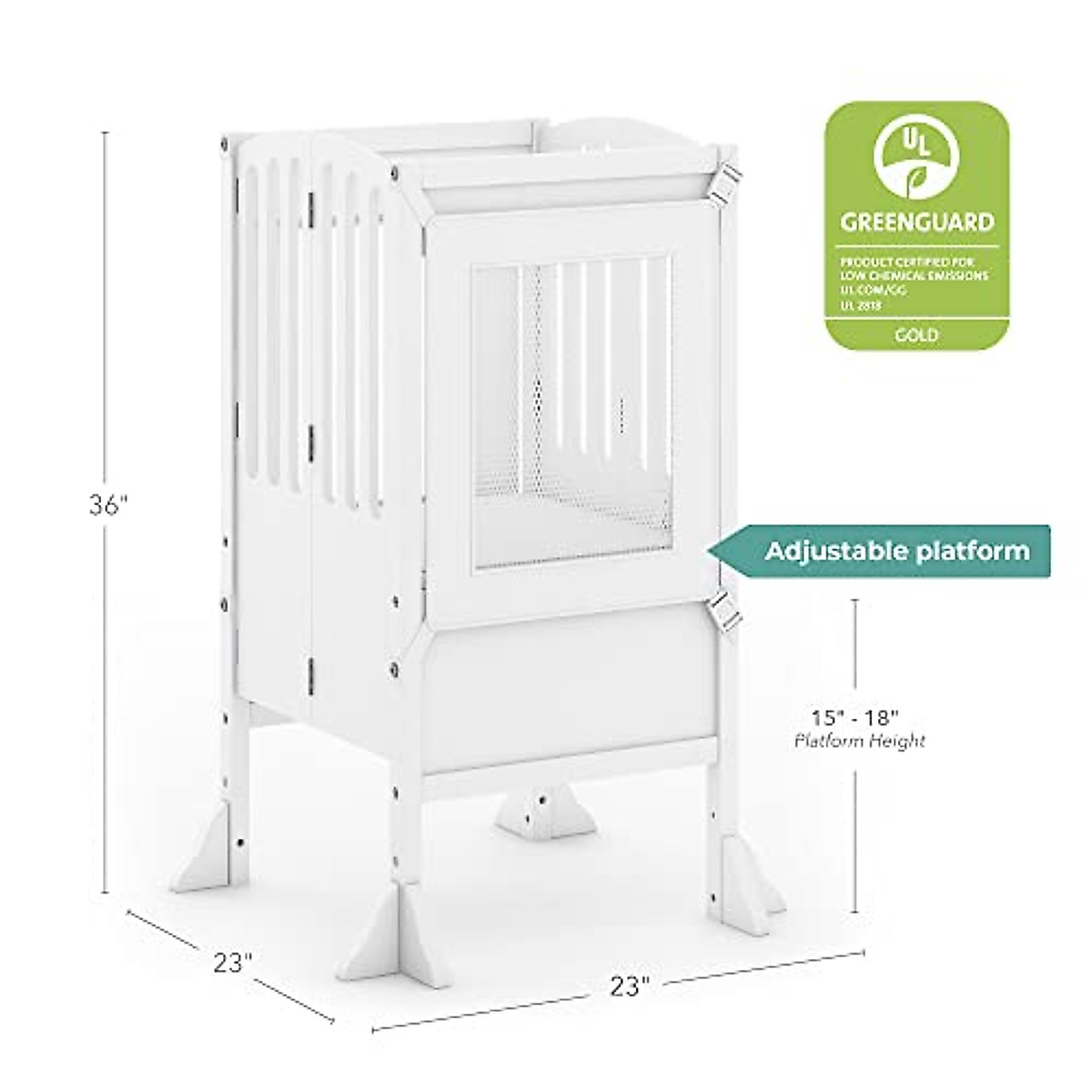 Guidecraft Contemporary Kitchen Helper® Stool and 2 Keepers - White: Wooden, Adjustable Height, Safety Folding Tower for Toddlers