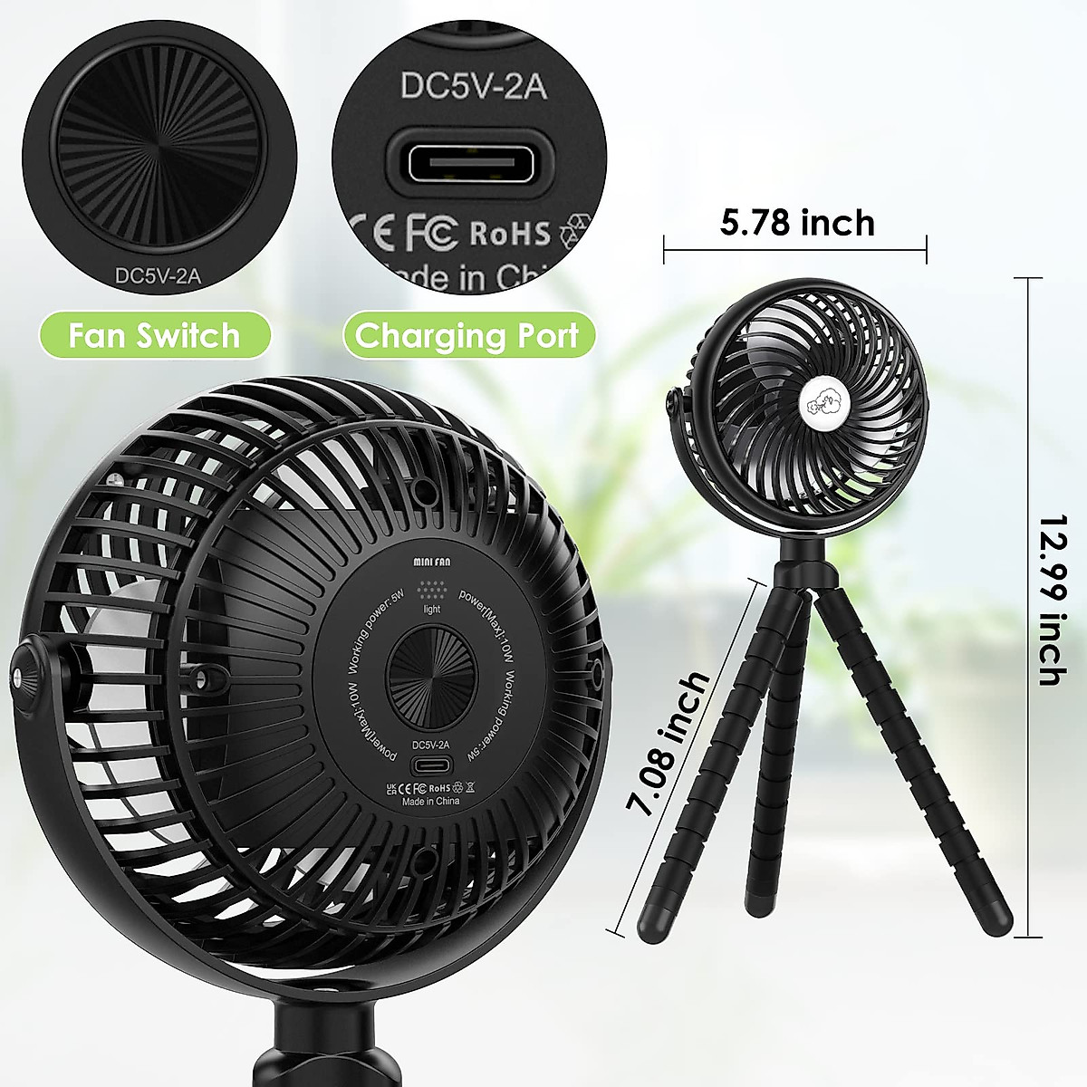 VASG 5000mAh Battery Operated Stroller Fan, Portable Handheld Mini Fan Clip on Fan with Flexible Tripod, USB or Battery Powered Desk Fan, 3 Speeds and Rotatable Personal Fan for Car Seat, Crib, Bike..