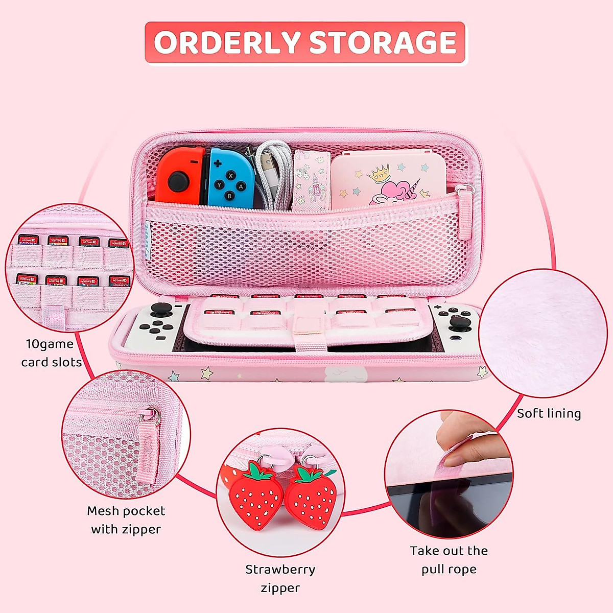 RHOTALL Case Compatible with Nintendo Switch & Switch OLED, Carrying Case with Game Case, Shoulder Strap, Cute Protective Hard Portable Travel Shell Pouch for Switch Accessories (for Pink)
