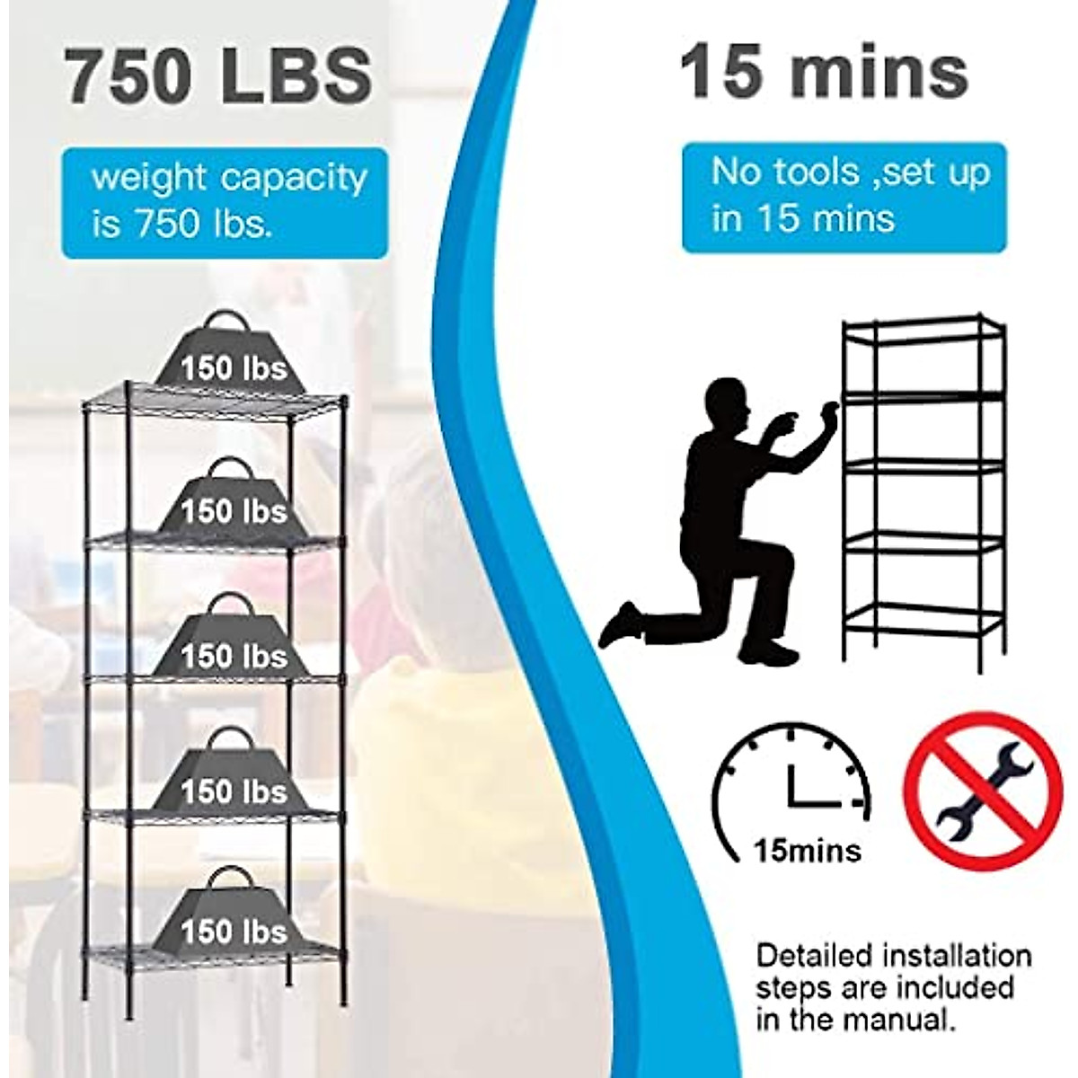 5-Tier Metal Shelving Unit, Heavy Duty Storage Shelves Hold 750LBS NSF Steel Organizer Wire Rack for Closet Basement Office Kitchen Laundry, 24" W x 14" D x 60" H- Black