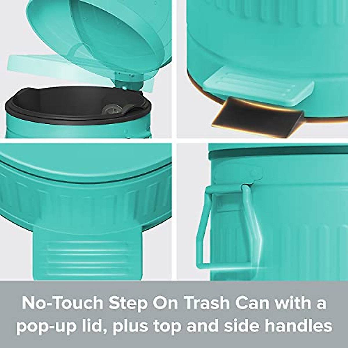 Trashaholic Retro 8L Round Metal Trash Can with Lid and Handles, Teal, 12-Inch