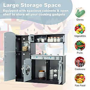 HONEY JOY Kids Kitchen Playset, Wooden Little Chef Pretend Toy Kitchen Set w/Sounds, Sink, Stove, Microwave, Storage Cabinet, Shop List, Play Kitchen for Toddlers, Gift for Boys Girls 3+, Gray