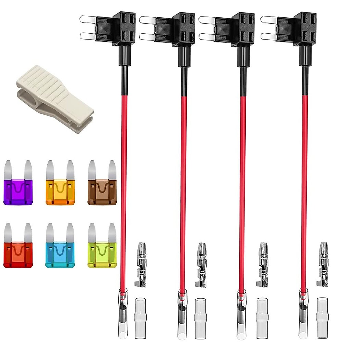 Gebildet 12V-24V Small Add-a-Circuit Fuse Tap, ATM Small Piggy Back Blade Fuse Holder with Wire Harness, 6 pcs Fuse (3A 5A 7.5A 10A 15A 20A) and Fuse Puller (Pack of 4)