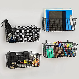 4 Set [Extra Large] Hanging Wall Basket for Storage, Wall Mount Sturdy Steel Wire Baskets, Metal Hang Cabinet Bin Wall Shelves, Rustic Farmhouse Decor, Kitchen Bathroom Organizer, Black