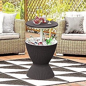 Tangkula Outdoor Cool Bar Table, Rattan Style Patio 8 Gallon Beer and Wine Cooler, All-Weather Ice Bucket w/Height Adjustable Top, Drainage Plug, 3-in-1 Cocktail Coffee Table for Party, Picnic (Black)