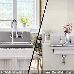 COOLWEST Commercial Wall Mount Faucet 8 Inch Center with 8" Gooseneck Swivel Spout, 2 Handles Heavy Duty Brass Kitchen Sink Faucet, Chrome Finish