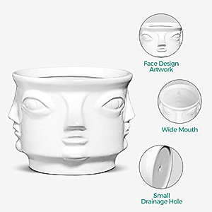 T4U Face Succulent Pots with Drainage 2-Pack - Small Ceramic Head Succulent Planter for Tiny Cactus, Herb, Bonsai Plant, Mini Flower Pot for Indoor Home Office Living Room Decor (No Plants)