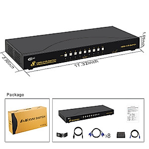 CKLau 4Kx2K 8 Port HDMI KVM Switch with Cables and USB 2.0 Hub, Rack Mount KVM Switch Supports Keyboard Mouse Switching for Windows, Linux, Mac, Debian, Ubuntu, Fedora, Raspberry Pi and Ubuntu