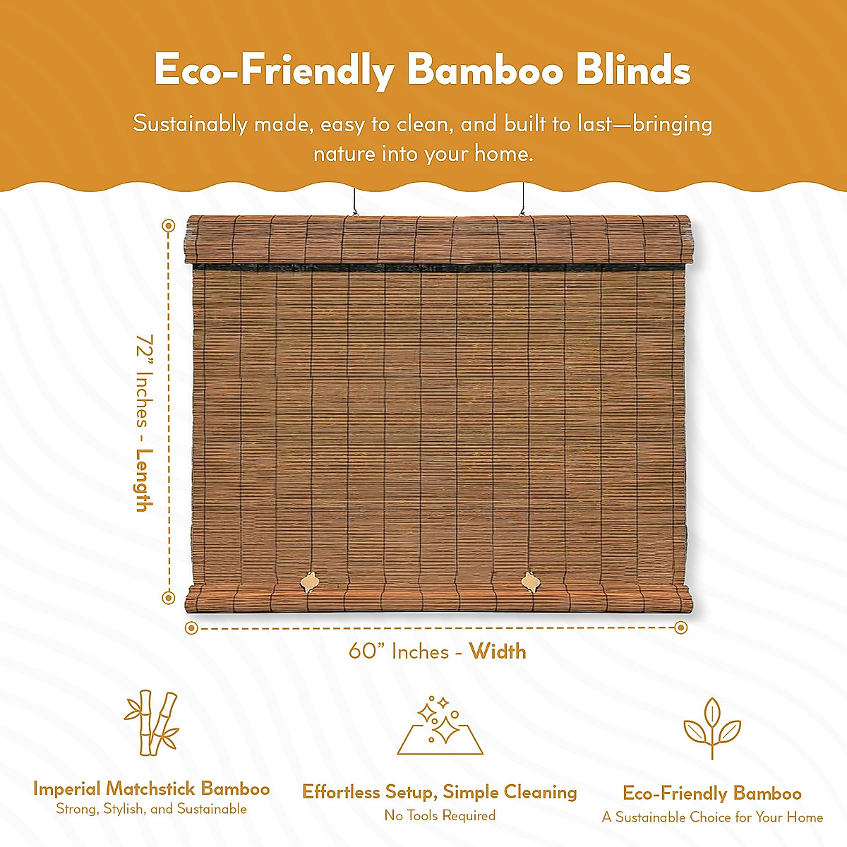 Radiance Core Free Bamboo Shades for Porch, Patio & Sunroom - Imperial Matchstick Bamboo Blinds for Light Filtering - Roll-Up Bamboo Blinds for Outside Mount - Brown - 60" x 72" - (1108119)