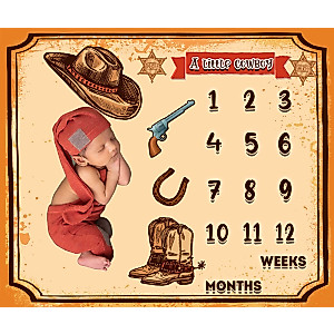 KIKIDOR Western Cowboy Baby Monthly Milestone Blanket Country Leather Boots Cowboy Hat Newborn Photo Props Baby Shower Party Decor New Baby to 12 Months Growth Calendar Blanket 48x40 inch BTZYKI82