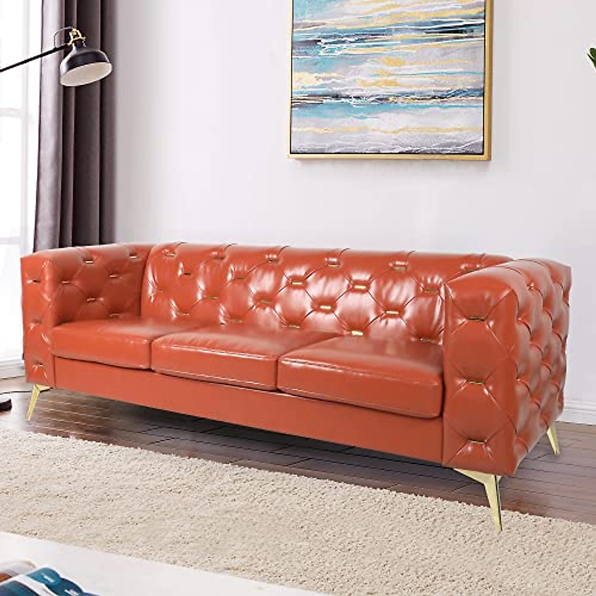 LEVNARY Modern Chesterfield Sofa Leather, Tufted Upholstered 3 Seater PU Couch, 84 Inches Settee Sofa with High Arm and Golden Metal Legs, Couches for Living Room Bedroom Office (Orange)