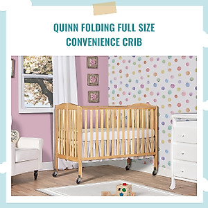Dream On Me Folding Full Size Convenience Crib In Natural, Two Adjustable Mattress Height Positions, Comes With Heavy Duty Locking Wheels, Flat Folding