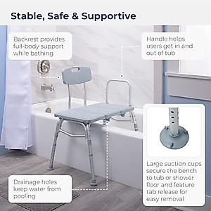Drive Medical 12011KD-1 Tub Transfer Bench For Bathtub, Height Adjustable Shower Bench with Backrest, Shower Seat Shower Chair Bath Chair for Elderly, Seniors, Arm Support for Transfer, 400 Weight Cap