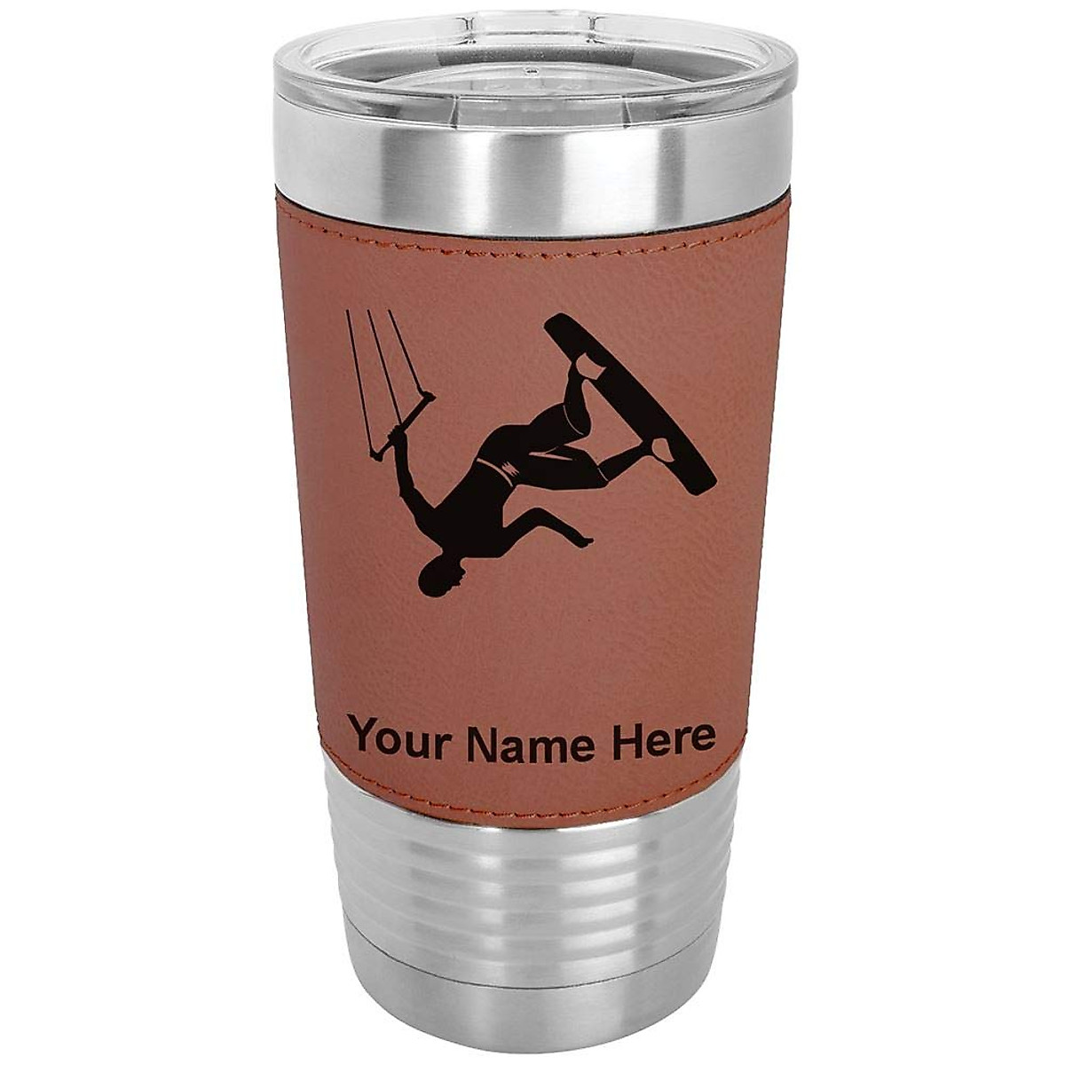 LaserGram 20oz Vacuum Insulated Tumbler Mug, Kite Surfing, Personalized Engraving Included (Faux Leather, Dark Brown)