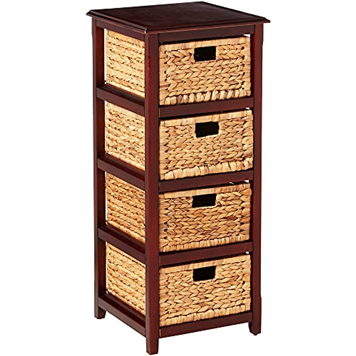 OSP Home Furnishings Seabrook Storage Tower with Solid Wood Frame and Natural Baskets, 4-Drawer, Espresso Finish