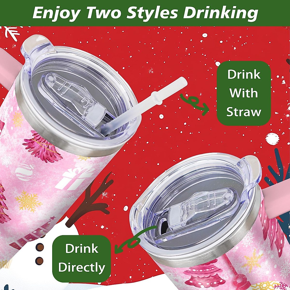 qoepfnsh Christmas Tumbler 40 oz Christmas Tumblers with Handle and Straw Pink Christmas Tree Stainless Steel Insulated Coffee Cups Mugs Christmas Gifts Stuff Decor for Women Girls