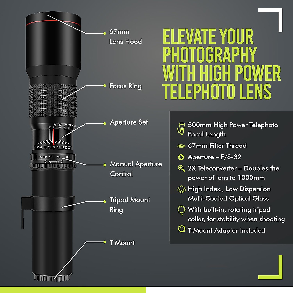 Big Mike’s High-Power 500mm/1000mm f/8 Manual Telephoto Lens for Nikon DSLR, Black