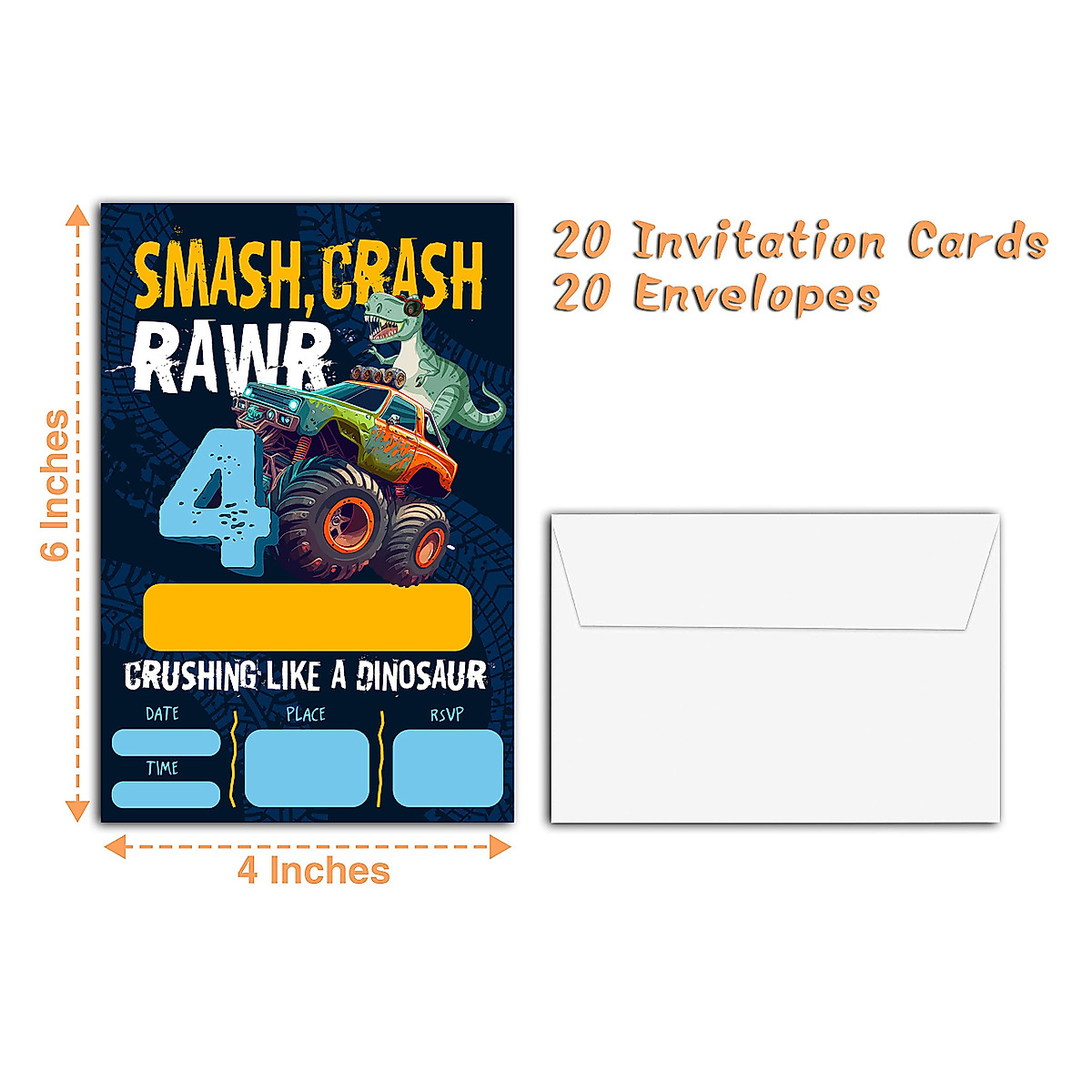 YQV Dinosaur Truck 4th Birthday Party Invitations, 20-Count Dinosaur Birthday Party Invites With Envelopes-HBYQK-B29