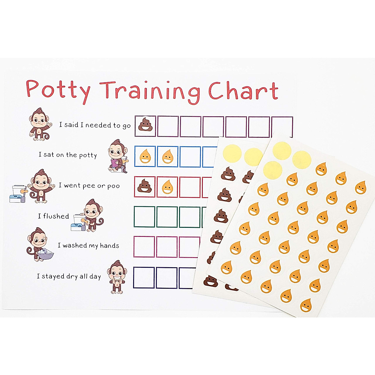 Potty Training Sticker Chart Reward- Monkey Design for Toddler Girls and Boys, Toilet Seat Motivational Weekly Progress Gift with 50 Poop Pee Sticker Sheets for Children
