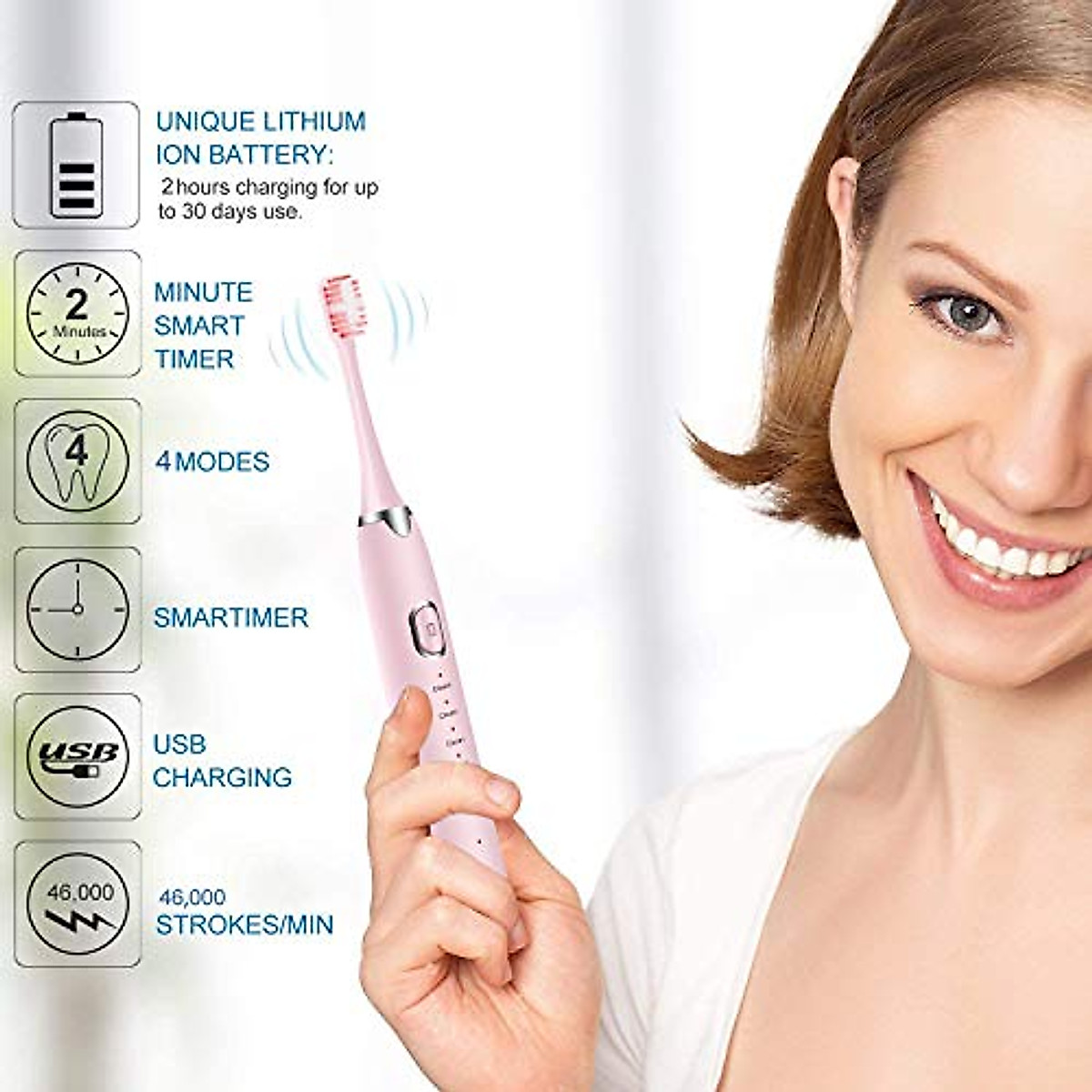 BTBSZ Sonic Electric Toothbrushes, Sonic Electric Toothbrushes Travel-Friendly Design 4 Modes 16 Gears with 4 Brush Heads USB Fast Charge Built-in Smart Timer for Adults and Kids