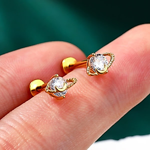 COCHARM 14K Gold Cartilage Earring Stud Yellow Gold 16g Flat Back Cartilage Stud 14K Solid Gold Push in Cartilage Piercing Stud Planet Labret Stud Gold Medusa Studs